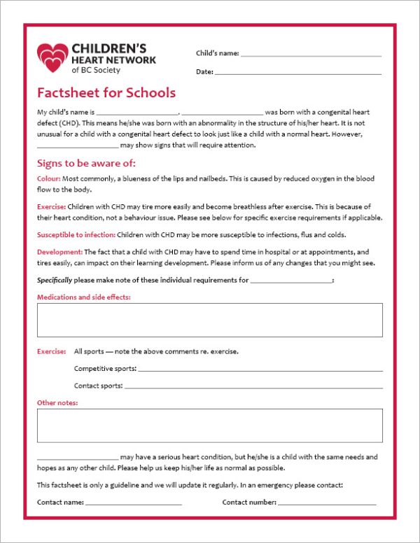 Factsheet for schools 06-2019 | Children’s Heart Network